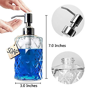 JASAI Diamond Design 12 Oz Glass Soap Dispenser, Kitchen Soap Dispenser with 304 Rust Proof Stainless Steel Pump, Bathroom Soap Dispenser for Hand Soap, Soap, Lotion(Clear)