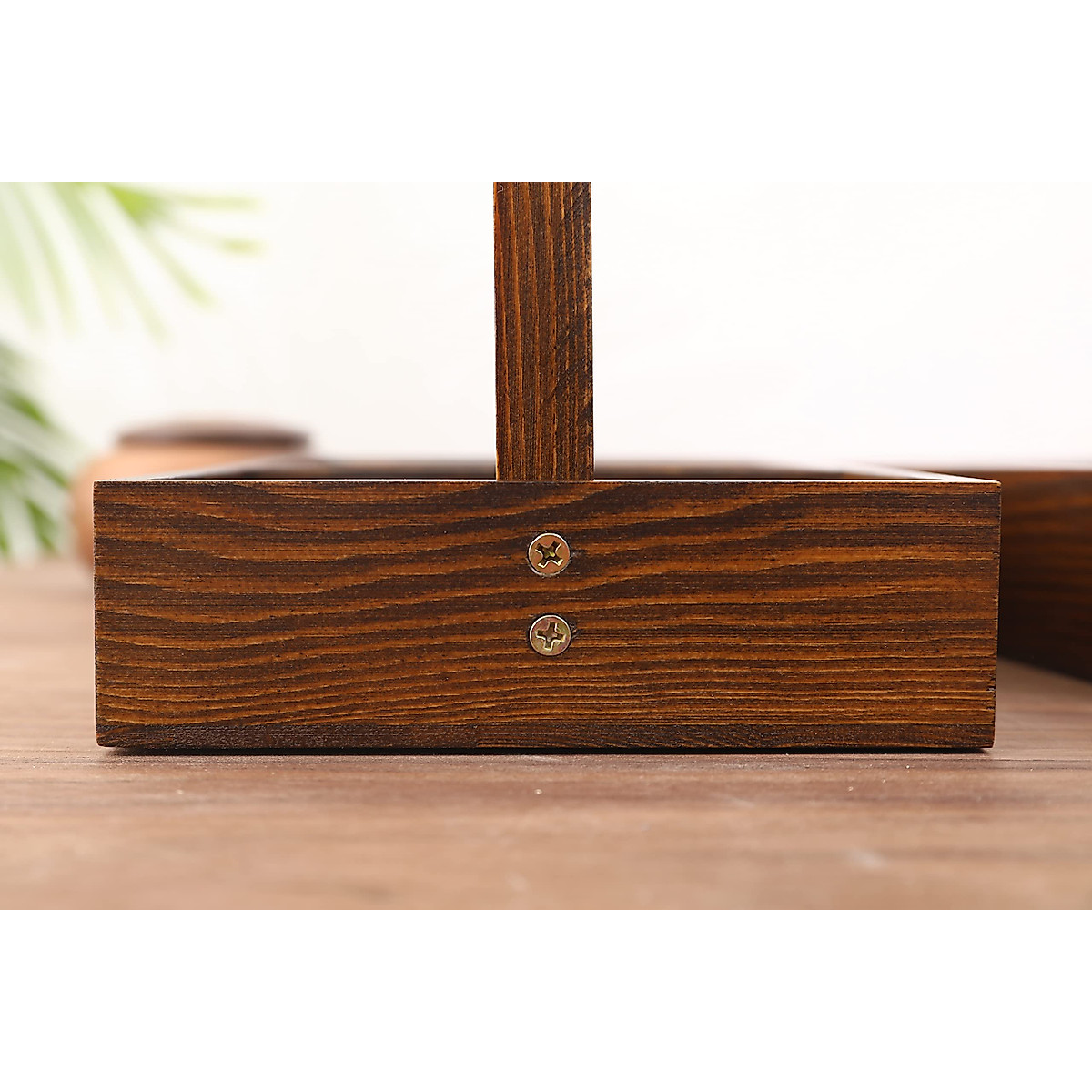 POKHDYE Wood Entryway Tabletop Key Holder Rack，Rustic Burnt Decorative Organizer with Storage Tray and Brass Tone Hooks，Jewelry Key Stand Hanging Organizer