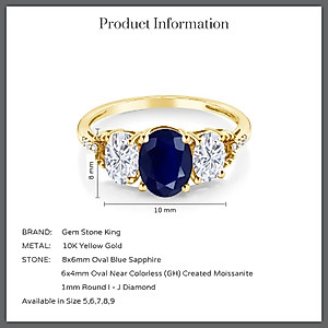 Gem Stone King 2.84 Cttw 10K Yellow Gold Blue Sapphire White Moissanite and Diamond 3-Stone Engagement Ring | Gemstone Birthstone | 3 Stone Wedding Anniversary Promise Ring For Women (Size 5)