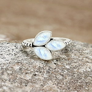 Moonstone 3 Stone Ring 925 Sterling Silver Plated Engagement Ring For Women Handmade Rings Natural Moon Stone June Birthstone Ring Statement Ring For Christmas Size US 5 Mother's Day Gifts For Her