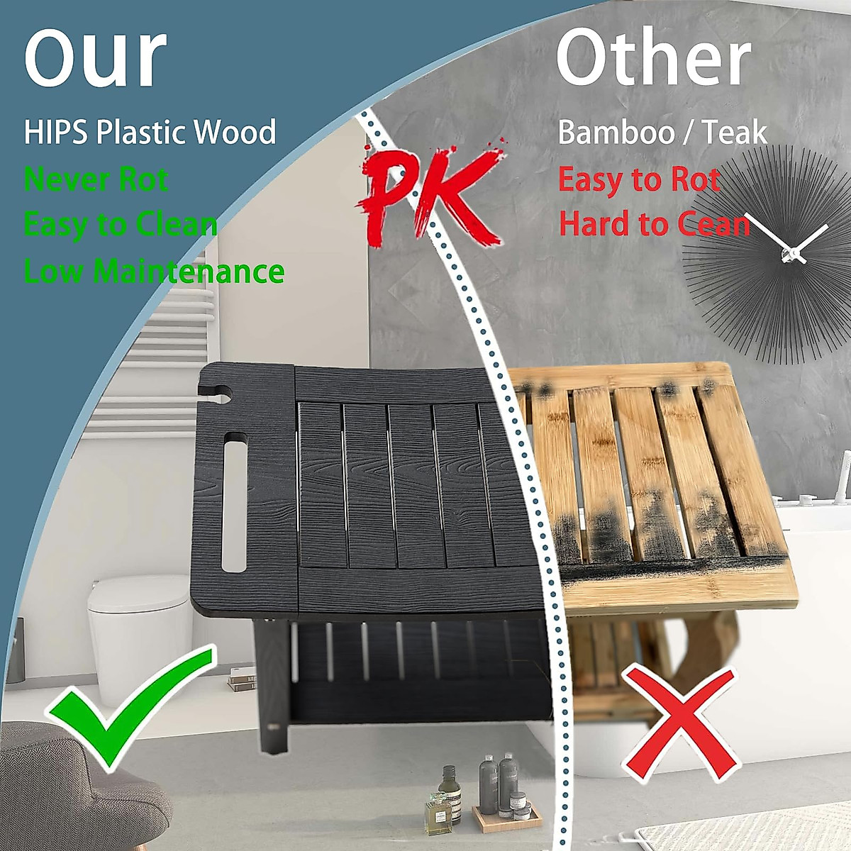 Shower Stool for Inside Shower, Poly Lumber Large Shower Bench Seat, Plastic Shower Bench Waterproof, for Sit on Bathroom Seat to Shaveing Legs with Storage Shelf, Adjustable Feet, Non-Slip(Black)…