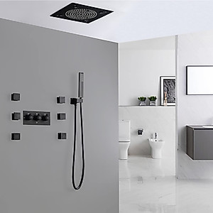 Luxury Ceiling Mounted 9-color LED 4-Way Complete Rain and Spray Shower System with 6 Body Jets and Showerhead Black Matte