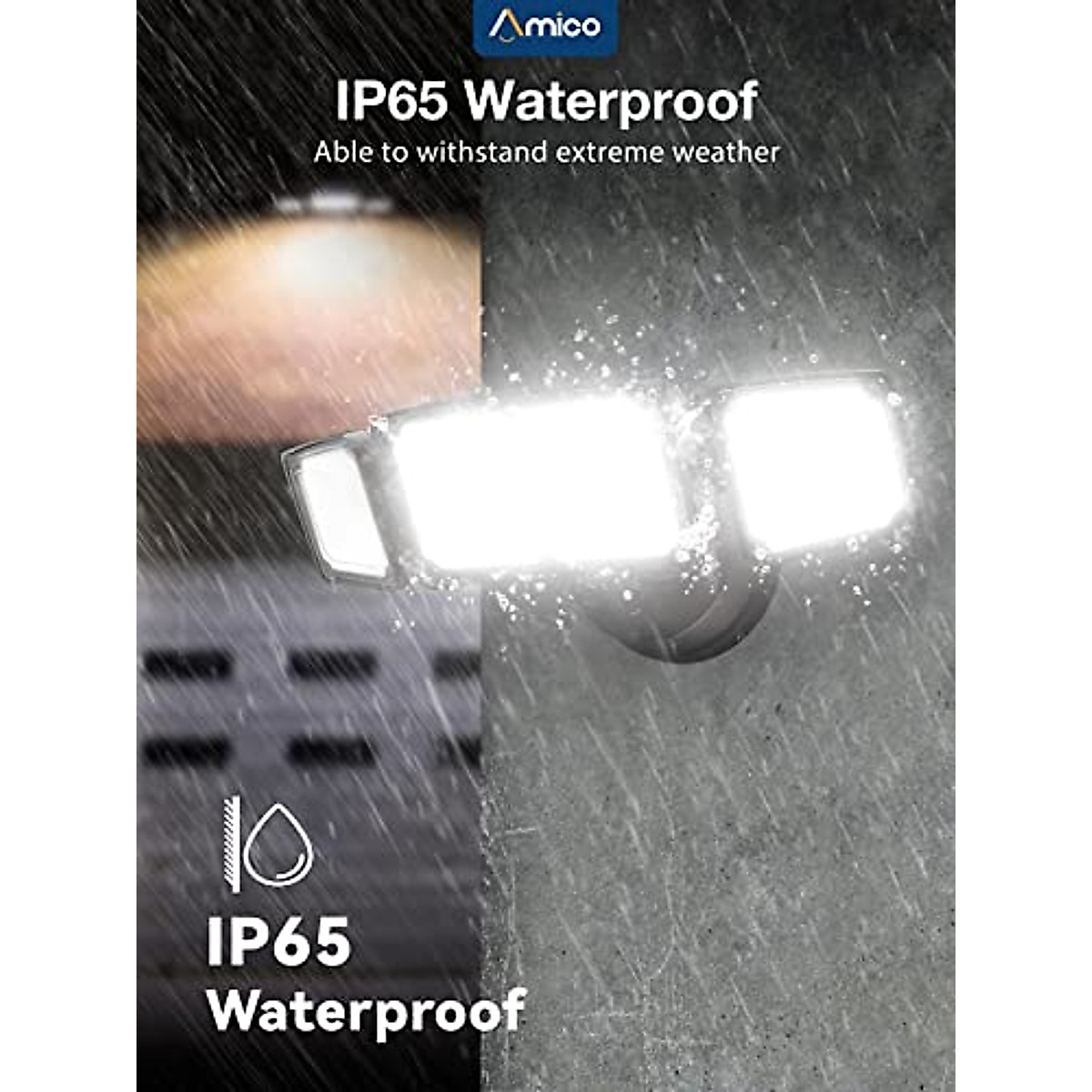 Amico 3500LM LED Security Light, 30W Bright Outdoor Flood Light, 5000K Daylight White, IP65 Waterproof with 3 Adjustable Heads for Garage, Backyard, Patio, Garden, Porch&Stair(Brown)