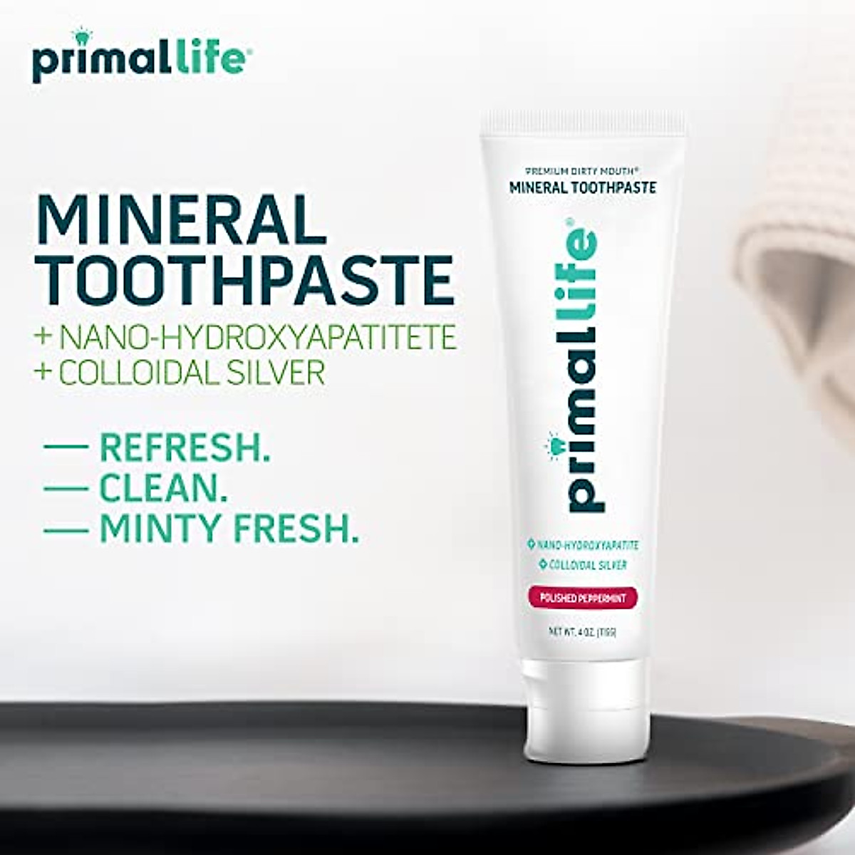 Primal Life Organics - Dirty Mouth Natural Alkalizing Toothpaste, Hydroxyapatite, Flavored Essential Oils, Natural Kaolin, Bentonite Clay, Colloidal Silver, Organic, Vegan (Peppermint Flavor, 4oz)