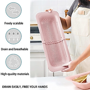 Collapsible Sink Colanders and Strainers Basket Over the Sink Colander Collapsible Colander Extendable Plastic Fruit Vegetable Strainer Drainer Basket for Kitchen(Length 14.3 inch-19.4 inch) (Pink)