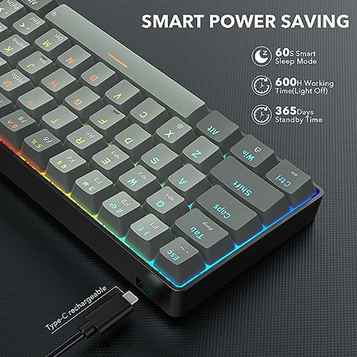 SABLUTE Mechanical Gaming Keyboard, Bluetooth/2.4G/USB-C Wired 60% Compact Mini Keyboard with 20 RGB Effects & 7 Colors Backlit, N-Key Rollover, 61 Keys Layout, Hot Swappable Linear Red Switch