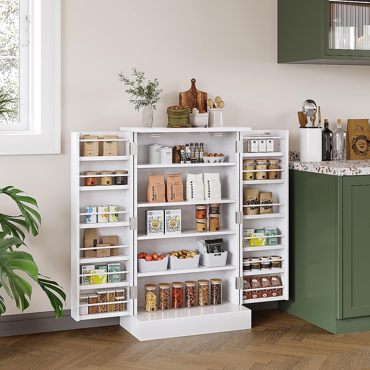 VEELOK 41" Pantry Cabinet with Doors and Adjustable Shelves, White Freestanding Kitchen Pantry Storage Cabinet for Snacks, Food Pantry Cabinet for Small Space, Pantry Closet Cupboard