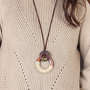 GelConnie Womens Pendant Necklace Wood Handmade Jewelry Leather Necklace Long Rope Sweater Necklace for Woman