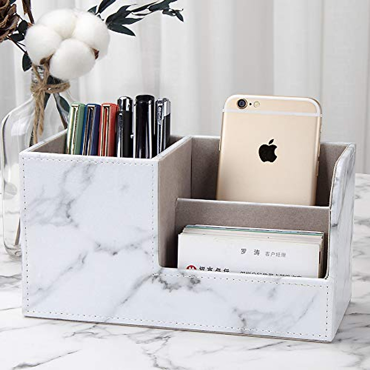 KINGFOM Desk Organizer Office Supplies Caddy Pu Leather Multi-Function Storage Box Pen/Pencil,Cell Phone, Business Name Cards Remote Control Holder Gray Marble
