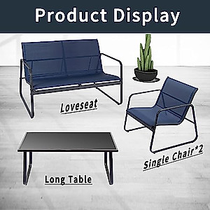 PAIQIAN 4 Pieces Patio Furniture Set Outdoor Patio Conversation Sets Poolside Lawn Chairs with Glass Coffee Table Porch Furniture for Courtyard, Garden and Balcony (Blue)