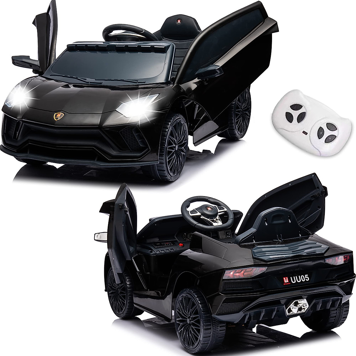 u URideon Kids Ride On Police Car, 12V Electric Sports Car Toys with Remote Control, Siren, Flashing Light,Music,Battery Powered (Black)