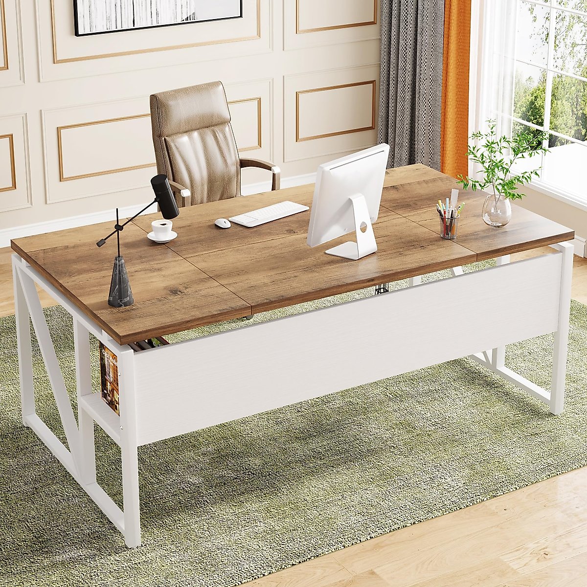 Tribesigns 63 inches Computer Desk with Bottom Storage Shelf Home Office Desk Writing Table for Workstation,Dark Walnut + Steel Leg， Cabinet not Included (Light Walnut, 63-inch-with Shelf)