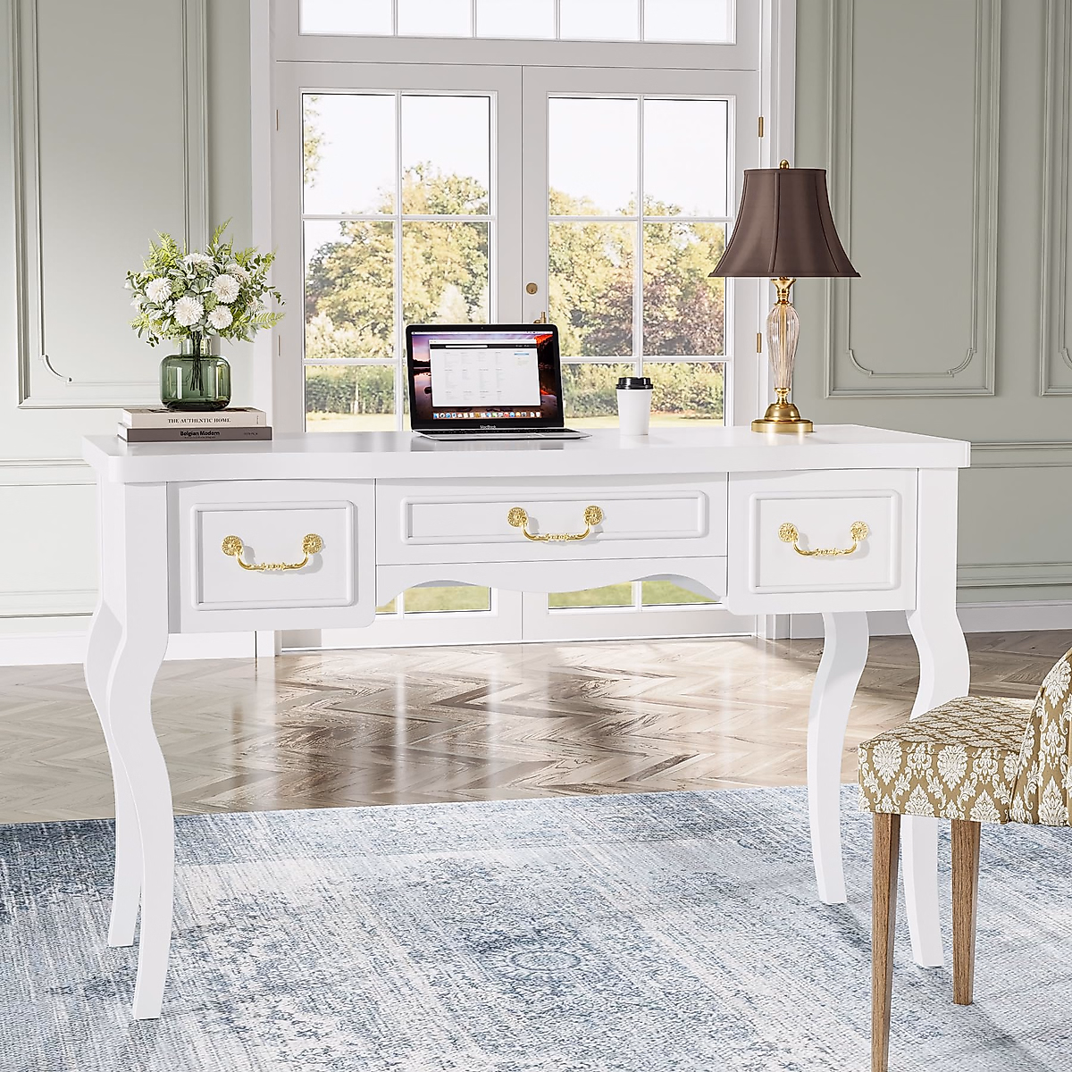 Tribesigns Computer Desk with 3 Drawers, 47-Inch White Home Office Desk with Storage, Antique Wooden Study Writing Table Workstation for Small Space