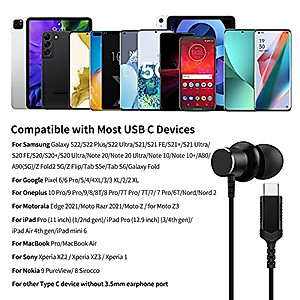 USB C Headphones, ACAGET Wired Earbuds for Galaxy S21 Plus Type C Magnetic Earphones with Mic HiFi Stereo Headset Volume Control Headphone for Samsung S22 S23 Ultra S20 FE A53 Pixel 7 6 iPad Pro Black