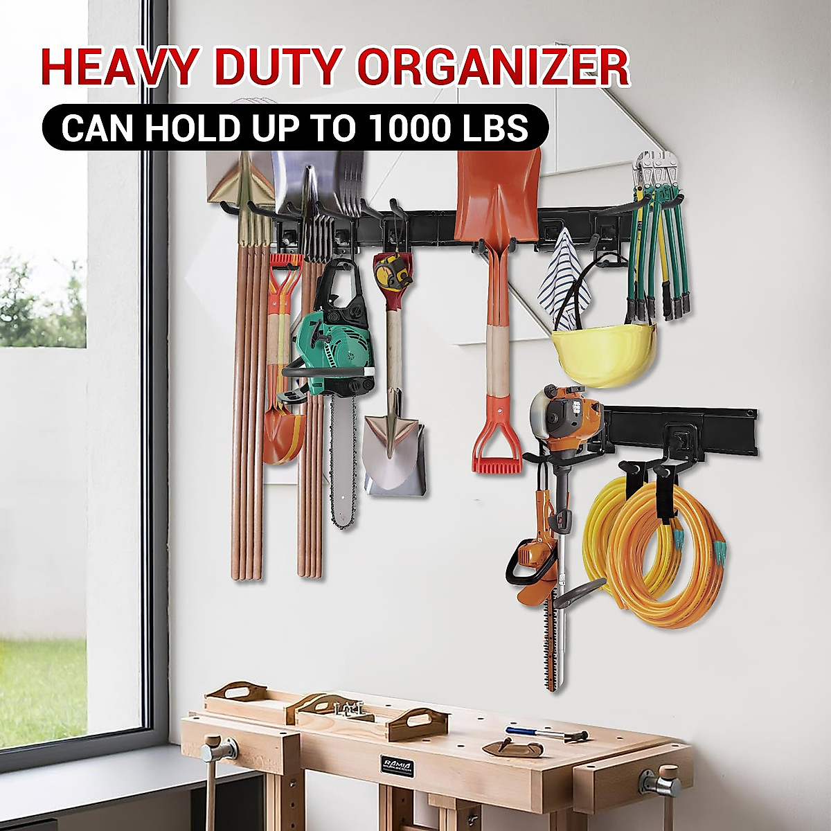 LADER 48 Inches Adjustable Garage Organization, 13 PCS Garage Tool Organizer Wall Mount, Garage Shelving with 8 Adjustable Hooks and 3 Rails, Tool Organizer Rack with Heavy Hook Tracks Max Load 1000LB