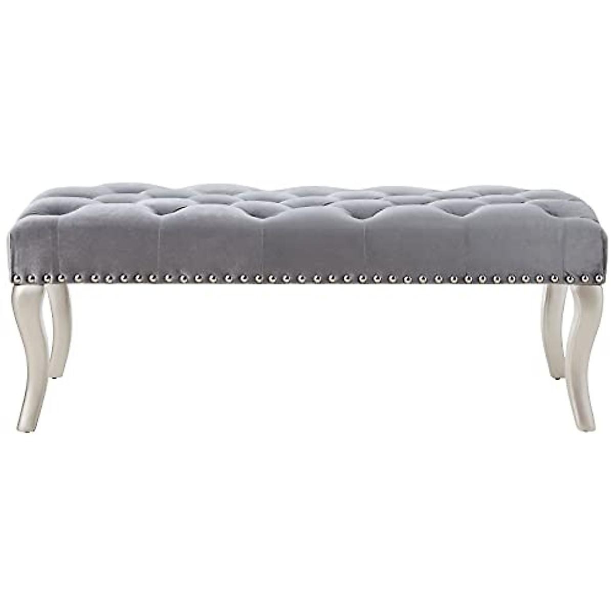 Roundhill Furniture Decor Maxem Tufted Fabric Upholstered Seat with Nailhead Trim Bench, Gray