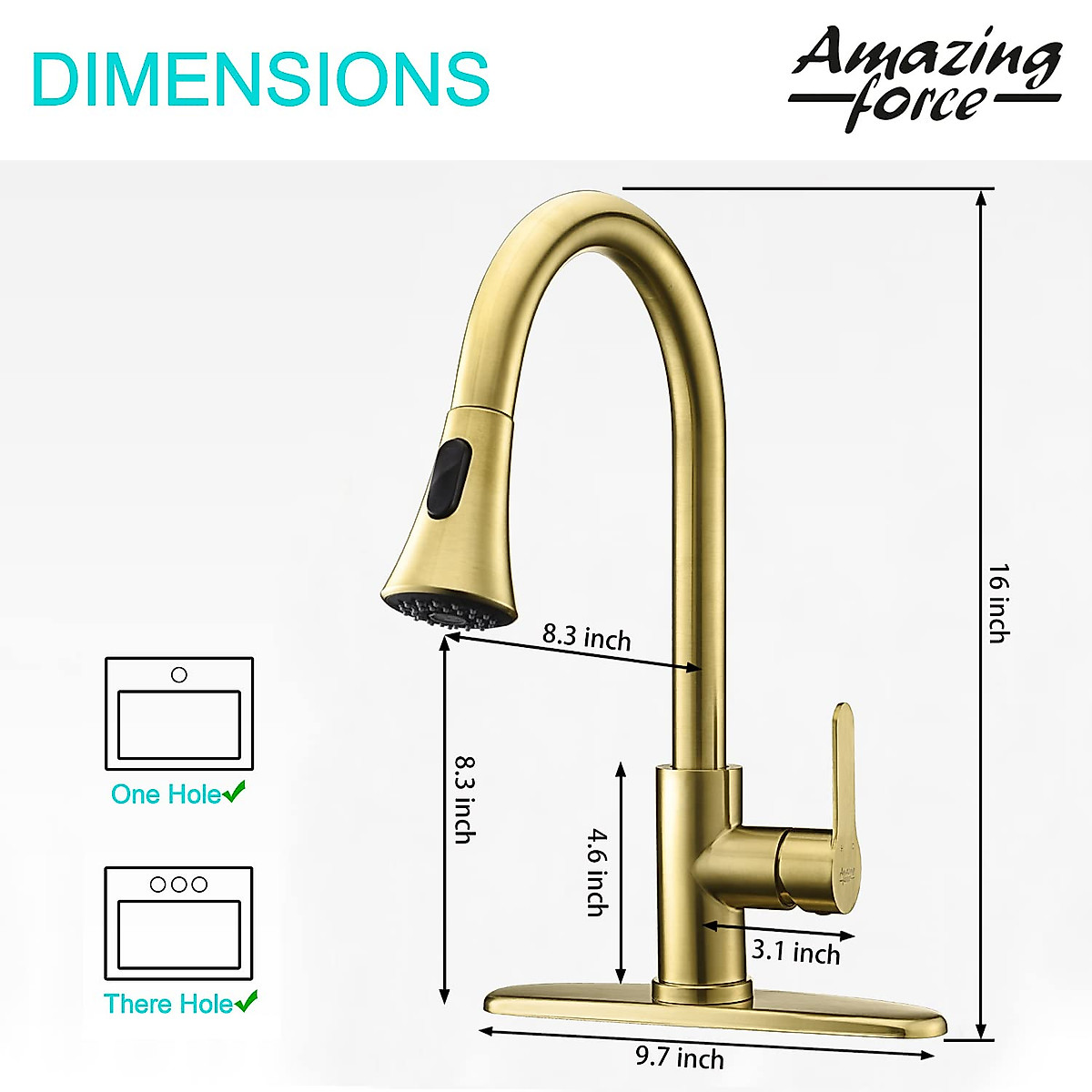 AMAZING FORCE Gold Kitchen Faucet Modern Pull Out Kitchen Faucets Stainless Steel Single Handle Kitchen Sink Faucet with Pull Down Sprayer 3 Hole Kitchen Faucet Mixer Tap 1.8 GPM