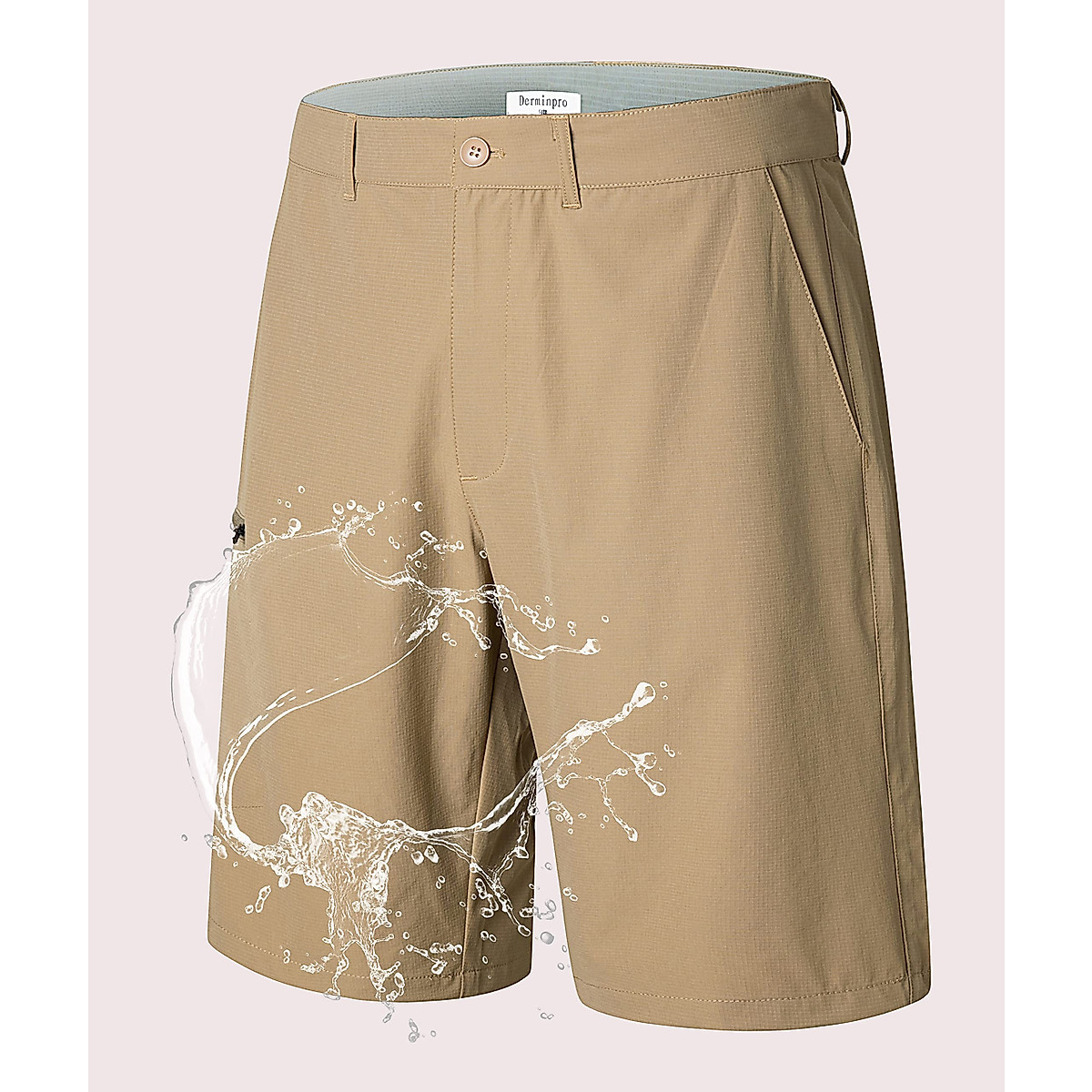 Derminpro Men's Classic Fit Stretch Nylon Waterproof Golf Shorts with Zip Pockets Khaki XX-Large