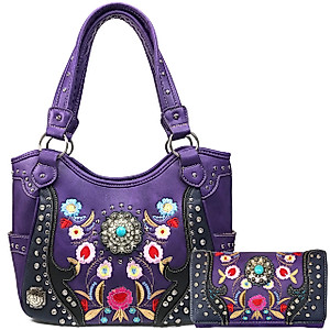Embroidered Floral Laser Cut Turquoise Rhinestone Concho Concealed Carry Tote Hobo Purse Wallet Set (Purple)