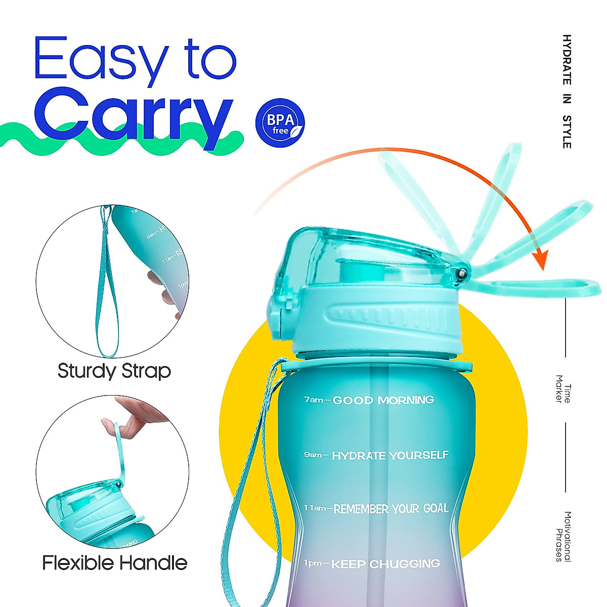 Giotto Large Half Gallon/64oz Motivational Water Bottle with Time Marker & Straw,Leakproof Tritan BPA Free Water Jug-Green/Purple Gradient