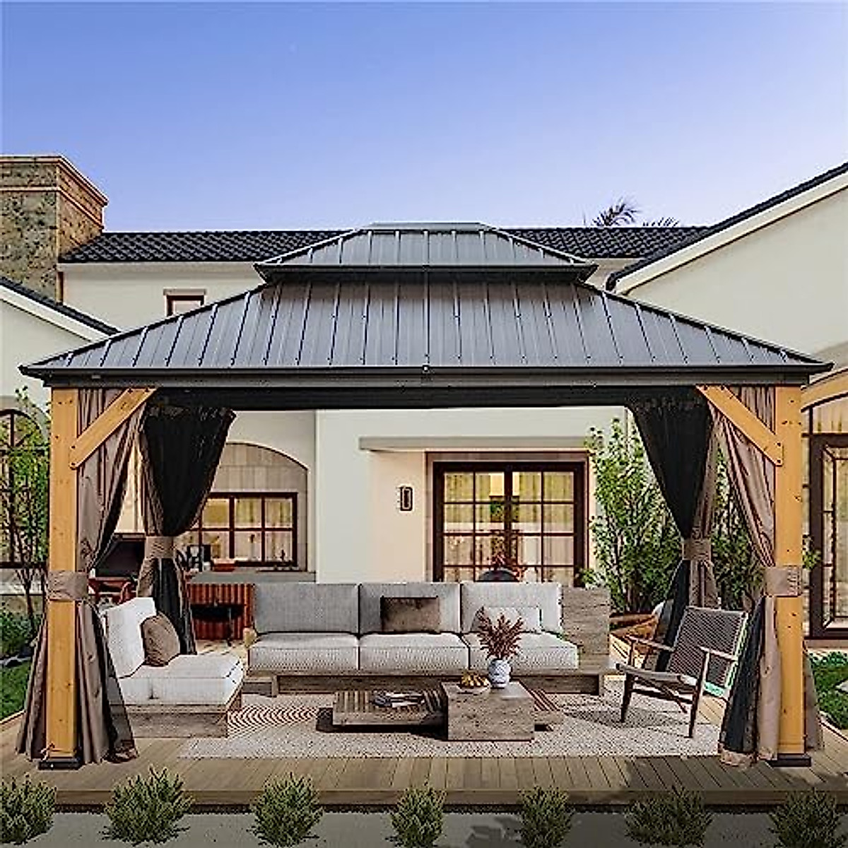 RITSU 12'x14' Gazebo, Hardtop Cedar Wood Frame Outdoor Canopy with Galvanized Steel Double Roof, Outdoor Permanent Metal Pavilion with Curtains and Netting for Patio, Backyard and Lawn, Brown