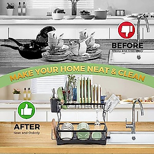 Dish Drying Rack, 2 Tier Dish Racks for Kitchen Counter, Dish Drainer Dish Rack with Pots & Pans Holder, Large Dish Drying Rack with Drainboard Utensil Holder Cup Holder Cutting Board Holder - Black
