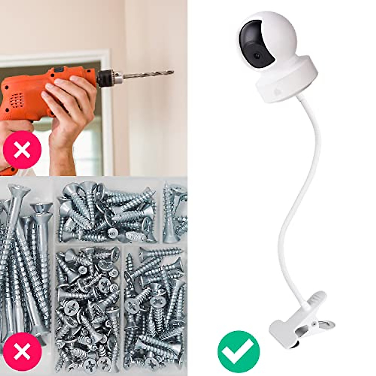 Baby Monitor Clip Mount for Kasa Indoor Pan/Tilt Smart Security Camera EC70 and KC410S, Flexible Gooseneck Baby Monitor Holder for Crib Without Tools or Wall Damage - White