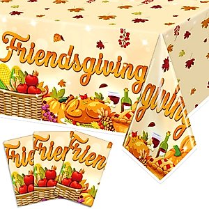 tineit 3 Pieces Friendsgiving Tablecloth, Happy Friendsgiving Decorations Plastic Tablecovers, Rectangle Friendsgiving Table Decorations for Fall Thanksgiving Friendsgiving Party, 108 * 54