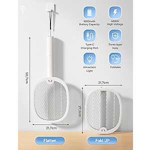 YISSVIC Electric Fly Swatter Foldable Bug Zapper Racket 2 in 1 Mosquito Killer with Purple Attractant Light Rechargeable 1800mAh for Indoor Home Backyard Patio Camping