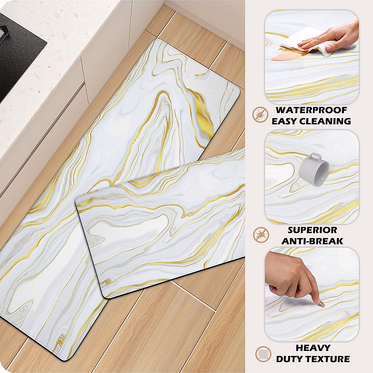 Gold and White Kitchen Rugs 2/5 Inch Thick Cushioned Anti Fatigue Marble Kitchen Mats 2 PCS Waterproof Non-Slip PVC Runner Rug Comfort Floor Mat for Kitchen Sink Laundry,17.3''x 28''+17.3'' x 47''