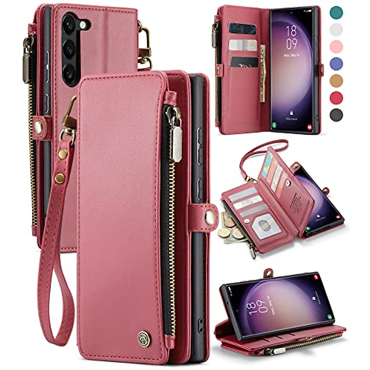 Defencase Compatible with Samsung Galaxy S23 Plus Case Wallet with Card Holder for Women Men, PU Leather Magnetic Snap Flip Zipper Strap Phone Case Fit for Galaxy S23 Plus 5G 6.6", Rose Red