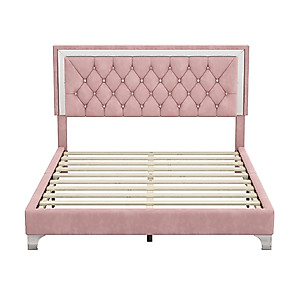 Queen Size Velvet Upholstered Platform Bed Mattress Foundation w/Crystal Tufted Headboard&LED Light for Adult,Low Profile Panel Bed Frame w/Metal Legs&Wooden Slat Support for Bedroom Guestroom (Pink)