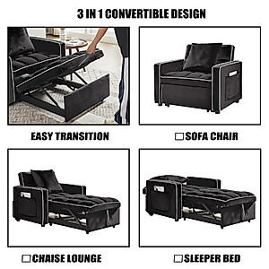 Wrofly 3 in 1 Single Convertible Sleeper Sofa Chair, 35.4" Pull Out Sofa Bed with Adjustable Backrest, Modern Chaise Lounge with Storage and Pillow for Living Room, Small Spaces, Black Velvet