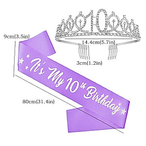 10th Birthday Decorations for Girls, Lavender Glitter Birthday sash, Silver 10th Birthday Crown, Lavender No.10 and Star Aluminum Foil Balloon, Happy Birthday Latex Balloons