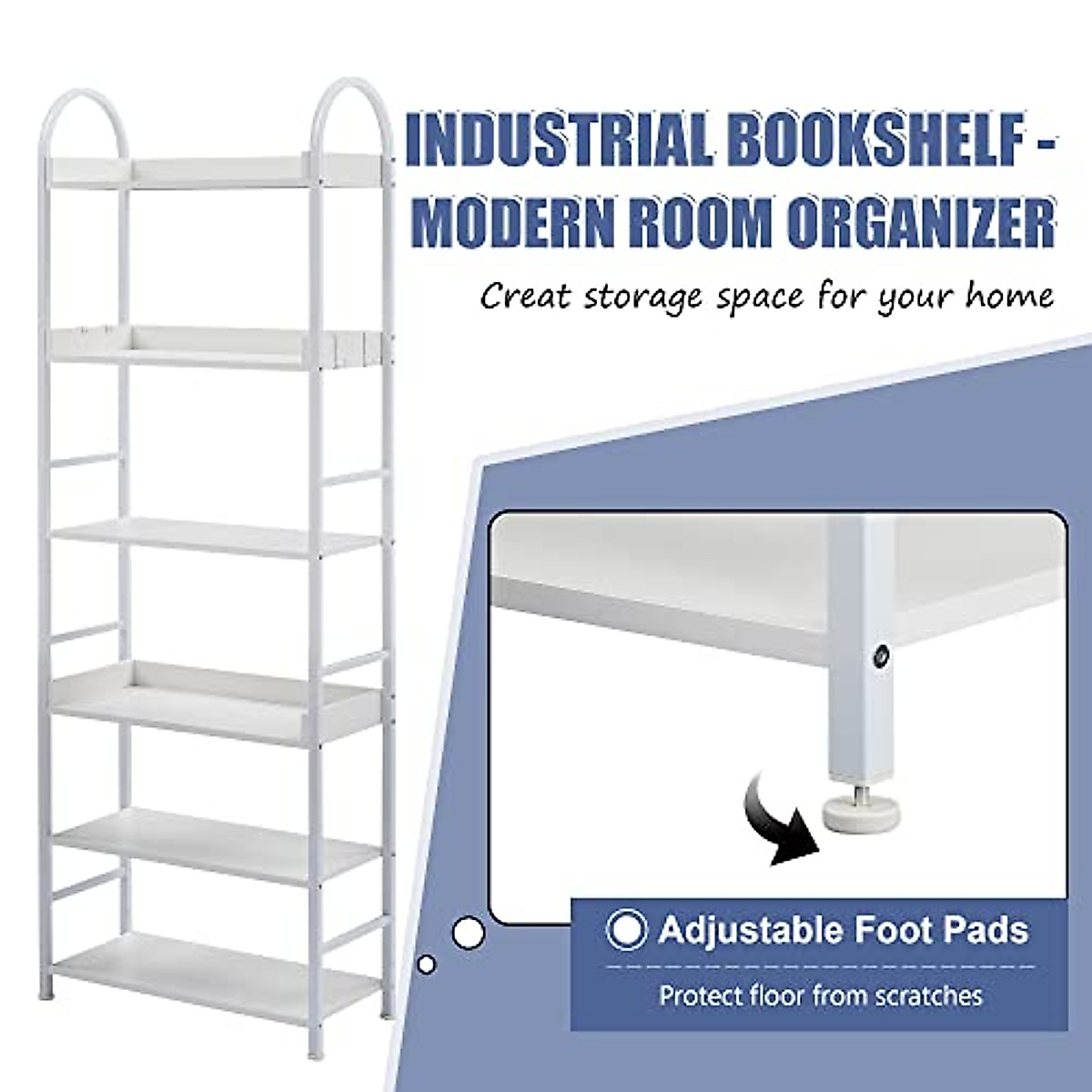 JIEJIEGAO 6-Tier Bookshelf with Baffle, Modern Freestanding Large Capacity Storage Rack with Adjustable Foot Pads, Bookcase for Living Room, Bedroom, Study, Storage Room, Garage, White