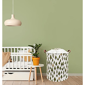 Sanjiaofen Nursery Laundry Basket Canvas Fabric Baby Boy Storage Bins,Collapsible Woodland Hamper,Waterproof Storage Baskets with Leather Handle,Forest Nursery Decor,Toy Organizer (Tree)