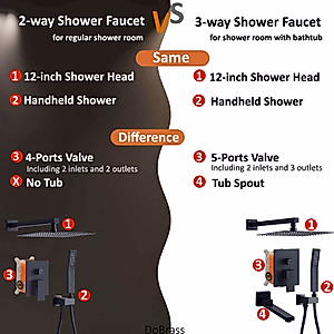 DoBrass Black Shower System with Tub Spout, Waterfall Shower Faucet Set Complete with Pre-embedded Valve, HandHeld Shower and 12-inch Shower Head, Wall Mounted