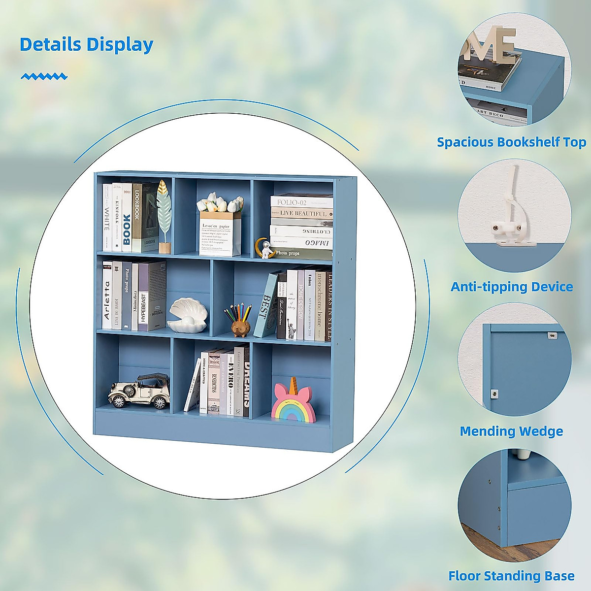 YAHARBO 3 Tier Bookshelf,Wide Kids Horizontal Bookcase,8 Cube Blue Book Shelf,Large Display Toy Storage Cabinet with Base,Floor Standing Modern Bookcases Organizer for Bedroom,Nursery,Playroom