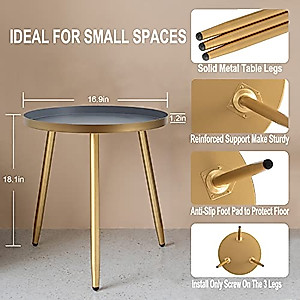 AOJEZOR Round End Table Ideal for Any Room, Metal Structure Side Tables Great For Living Room, Bedroom, Indoor, Outdoor, Matte Gray Tray with 3 Gold Legs Accent