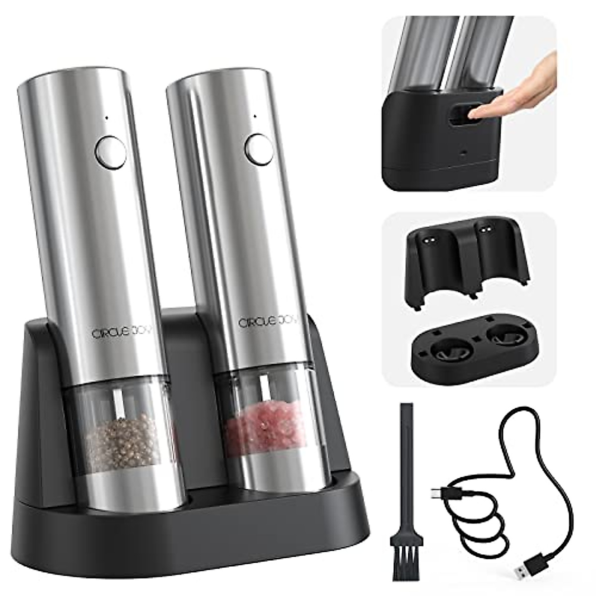CIRCLE JOY Electric Salt and Pepper Grinder Set Stainless Steel Spice Grinder Automatic Pepper Mills with Easy-to-Carry Dual Charging Station, Brush, White Led Light, and Adjustable Coarseness