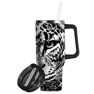 Flradish 30oz Tumbler with Handle, White Black Leopard Portrait Stainless Steel Tumbler with Lid and Straws Double Wall Vacuum Insulated Leakproof Coffee Travel Mug