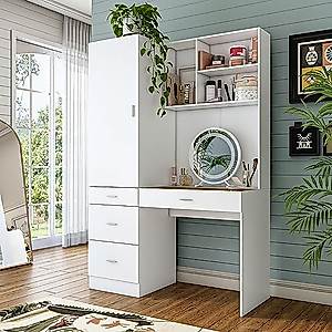 FAMAPY Armoire Wardrobe with Vanity Desk and Lighted Mirror, Armoire with Hanging Rod, Drawers & Shelves, Glass Tabletop, Armoire Closet for Bedroom White (47.2”W x 19.1”D x 70.8”H)