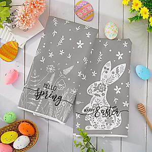 AnyDesign Easter Spring Kitchen Towel Gray Farmhouse Easter Bunny Rabbit Floral Dish Towel 18 x 28 Inch Rustic Hand Drying Tea Towel for Cooking Baking Cleaning Wipes, Set of 2