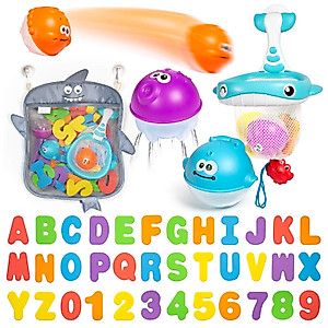 Comfylife Baby Bath Toy Organizer - Bath Toy Storage for Shower - Bathtub Toy Organizer Includes Foam Bath Toys (Numbers & Letters & Squirty Toys) + Extra Net That Doubles as a Toy