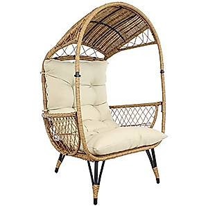 Sunnydaze Shaded Comfort Wicker Outdoor Egg Chair with Legs - Plush Polyester Cushion - 250-Pound Weight Capacity - for Patio, Front Porch, or Backyard - Beige