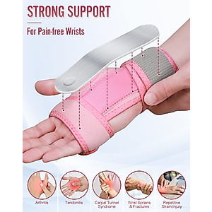 SUEH DESIGN Carpal Tunnel Wrist Brace Night Support, Adjustable Wrist Wrap for Tendonitis Arthritis and Workout Pains Relief, Wrist Splint for Right Hand, Pink