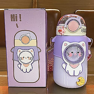 NCDUANSAN 600ML Kawaii insulated water cup 316 stainless steel cute girl outdoor bottle portable straw drinking bottle (purple)