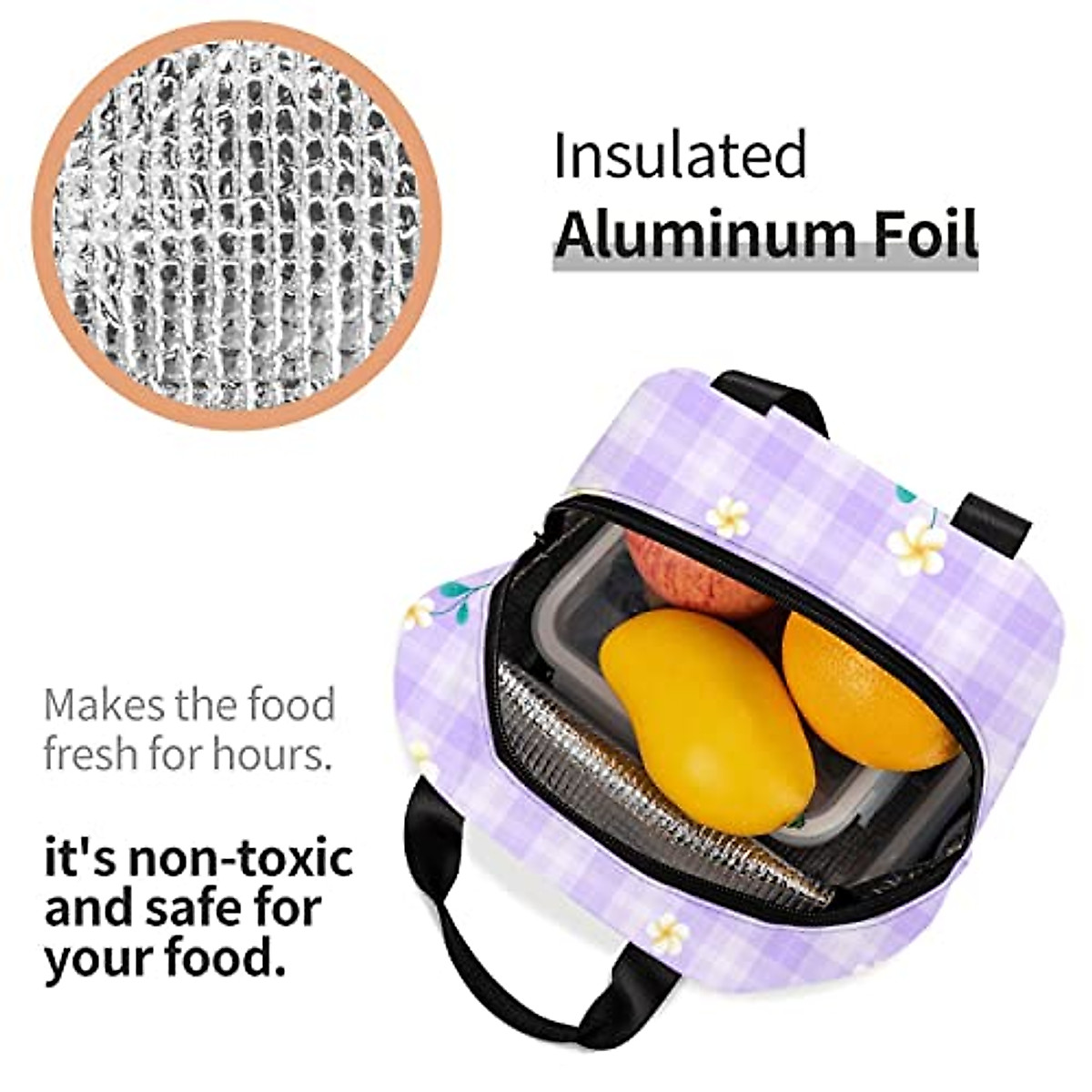 Plumeria Purple Lilac Violet Flower On Purple Plaid Lunch Box Bento Box Insulated Lunch Boxes Reusable Waterproof Lunch Bag With Front Pocket For School Office Picnic