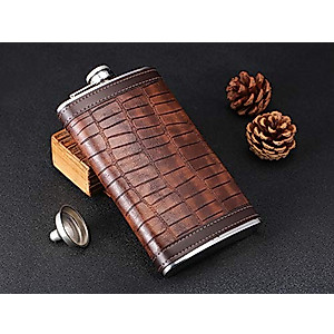 TOX TANEAXON 12 oz Crocodile Leather Pattern Pocket Whiskey Liquor PU Leather Wrapped Flask with Funnel and Premium Box - Stainless steel and Leak Proof