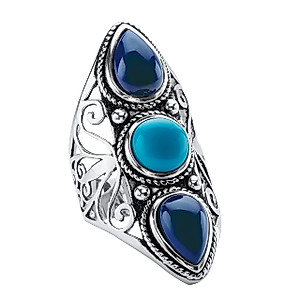 PalmBeach Jewelry Sterling Silver Antiqued Round Simulated Turquoise and Pear Blue Simulated Lapis Boho Scroll Ring Sizes 6-10 Size 9